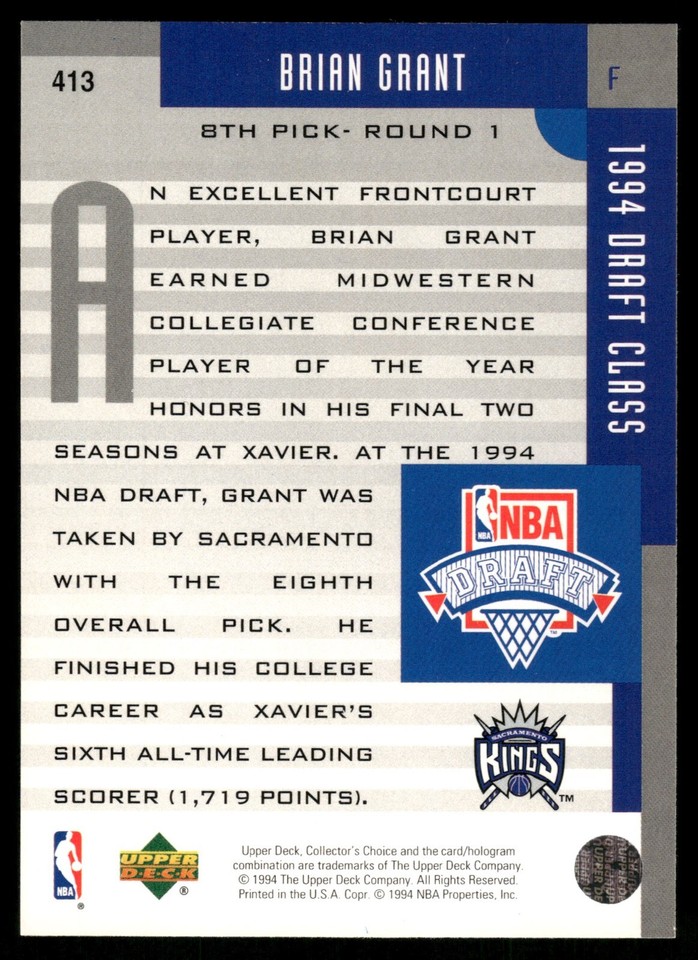 1994 Upper Deck Brian Grant 413 Draft Class Sacramento Kings Basketball ...