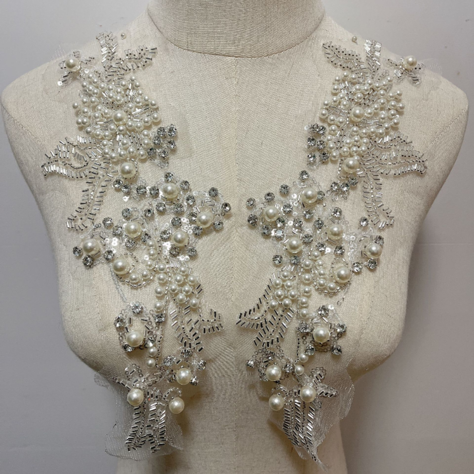 Beaded Floral Embroidery Patch Applique Lace Sequin Trim Wedding Dress ...