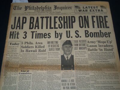 1941 DEC 11 PHILADELPHIA INQUIRER NEWSPAPER - JAP BATTLE SHIP ON FIRE ...