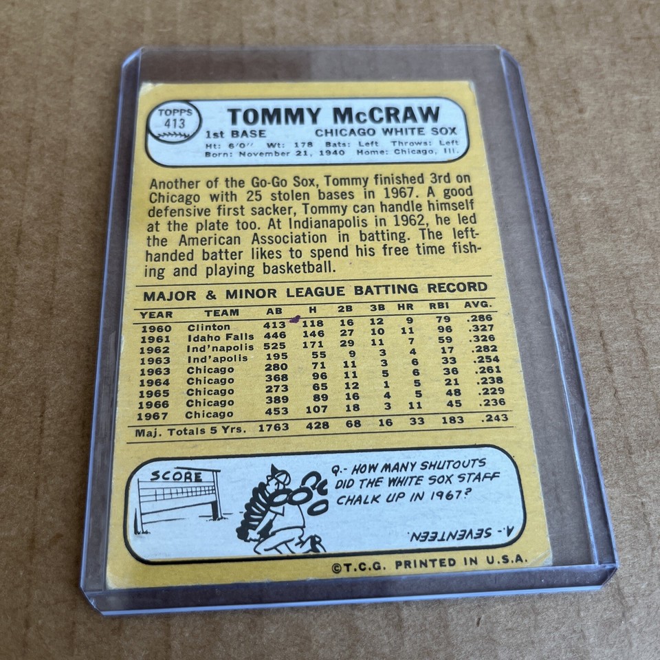 1968 Topps TOMMY McCRAW #413 Chicago White Sox Vintage Baseball Card ...