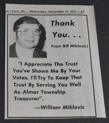 1976 Print Ad Art Bill Miklovic Almer Township Treasurer Michigan ...