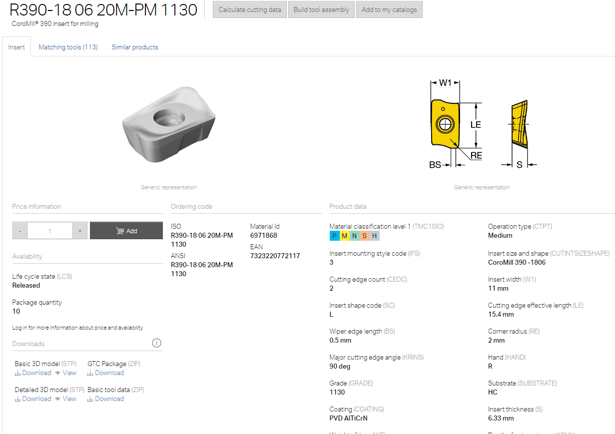 SANDVIK MILLING INSERT R390-180620M-PM 1130 ORIGINAL MADE IN SWEDEN 10 ...