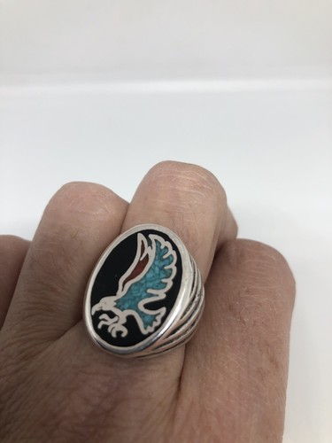 1980's Vintage Silver White Bronze Men's Black Hawk Turquoise Inlay ...