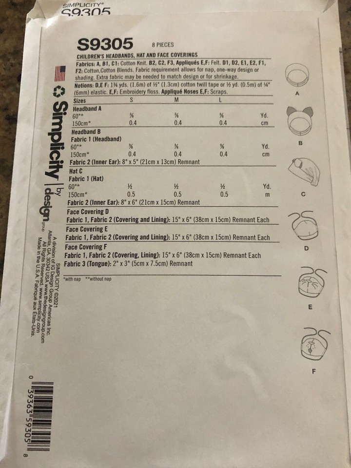 🌹 SIMPLICITY #S9305 - CHILDS FUNNY FACE MASKS - HEADBAND & HAT PATTERN ...