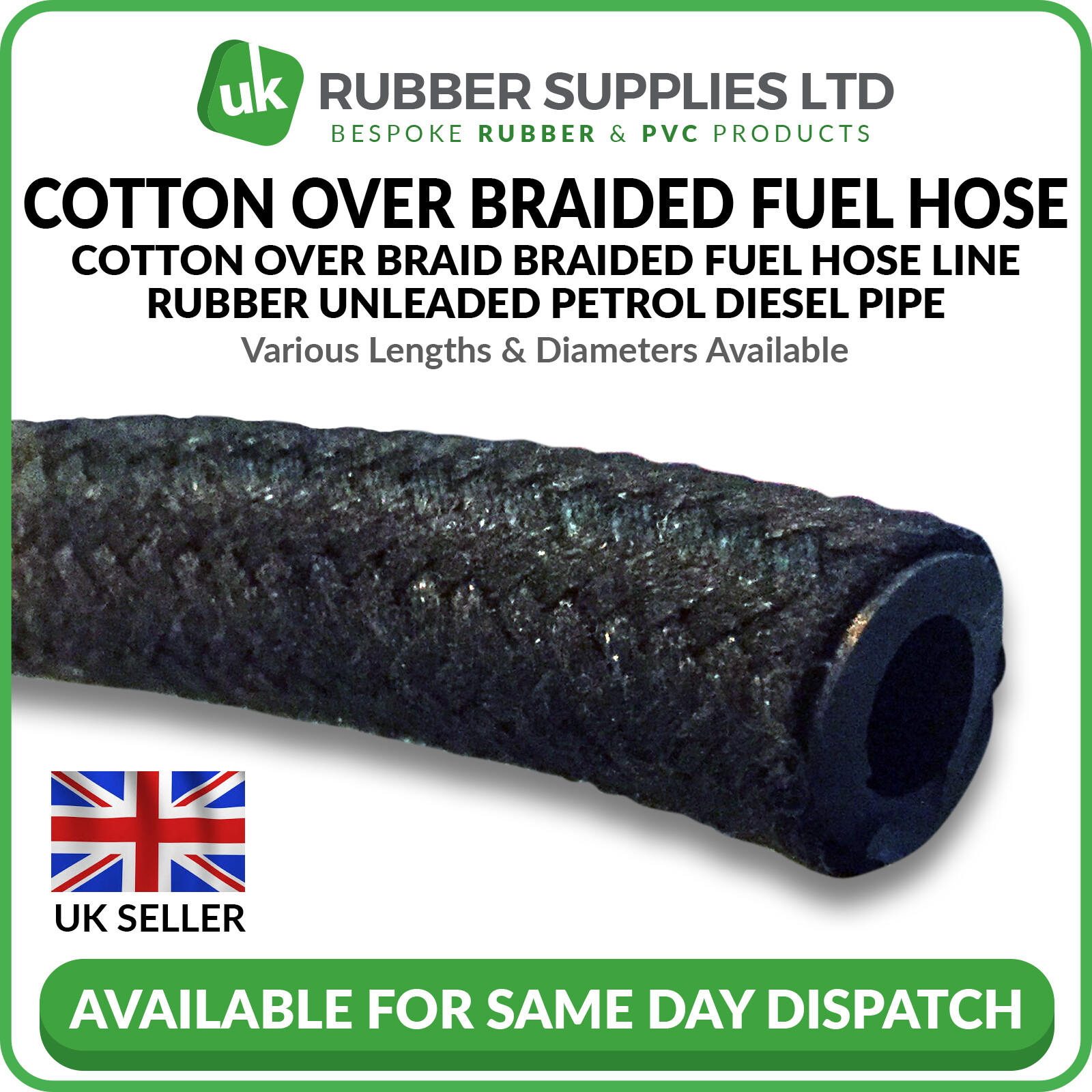 Cotton Over Braided, Fuel Hose Line Rubber Unleaded Petrol Diesel Pipe ...