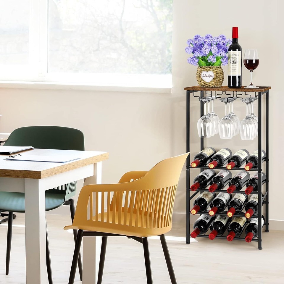Wine Rack Freestanding Wine Rack Table with Glass Holder 16 Bottle Wine ...