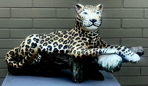 Large Folk Art Solid Cement Hand Painted Leopard on Log - 28" Long | eBay