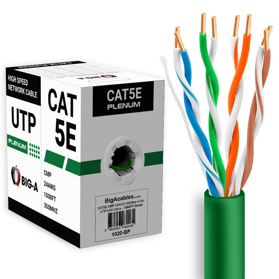 Plenum Cat5e Cable 1000ft Bulk CMP 24AWG Solid 4 Pair Cat 5e Ethernet ...