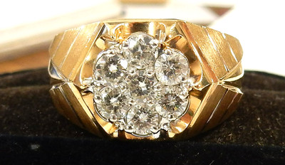 Vintage 7 3mm Diamond Kentucky Cluster 14K Yellow Gold Wide Mens Ring ...