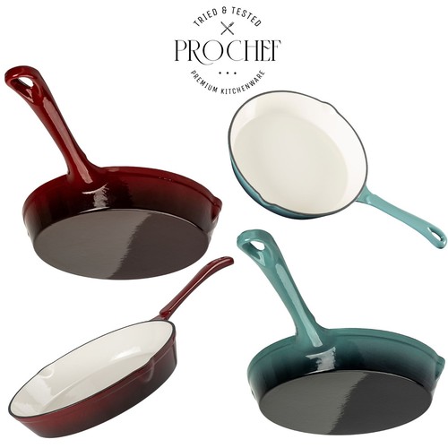 Prochef 25cm Enamelled Cast Iron Skillet Frying Pan Teal or Garnet All ...