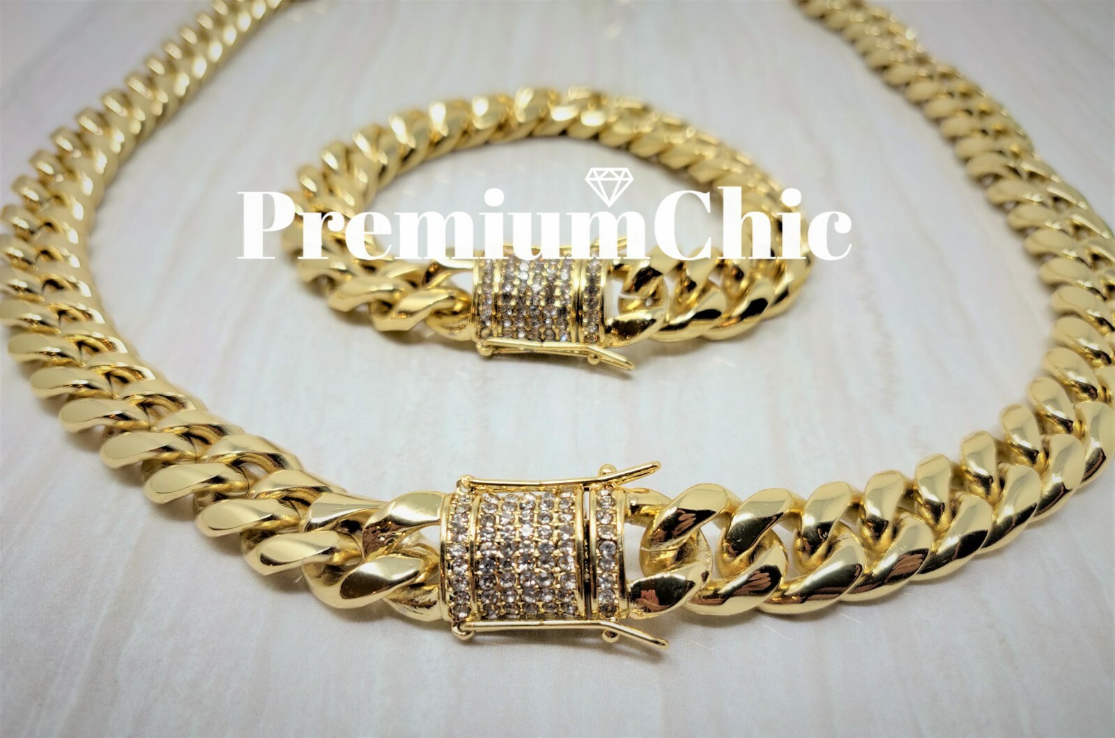 Miami Cuban Link Chain 14k Gold Plated Stainless Steel with Blinged Out ...