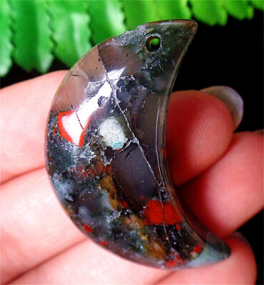 40x20x7mm Natural Red and Gray Africa Bloodstone Reiki Moon Pendant ...