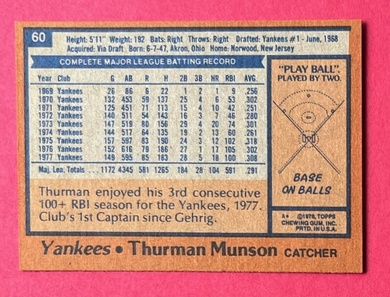 1978 Topps #60 - Thurman Munson - Beautiful card - See Pix/Desription ...