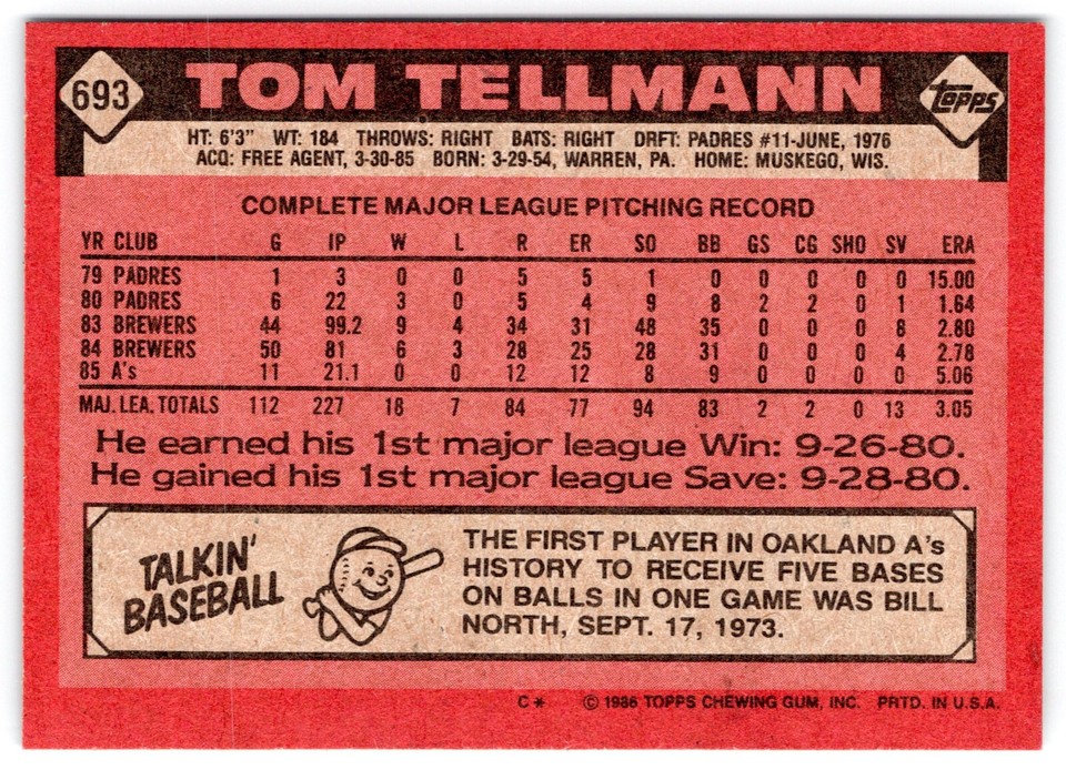 TOM TELLMANN 1986 TOPPS 86 NO 693 NRMINT+ 56672 | eBay