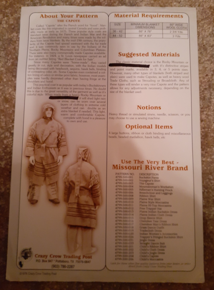 Capote Hooded Blanket Coat Sewing Pattern Missouri River Reenactment ...
