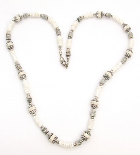 21" White Caramel Veined Howlite & Shell Bead Heishi Choker Necklace ...