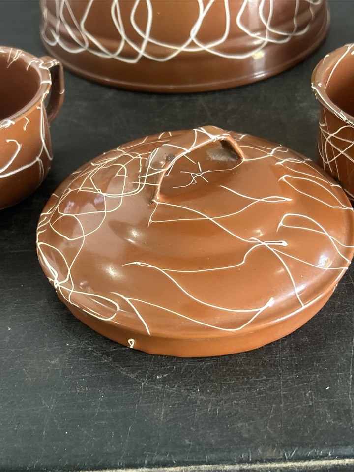 Vintage 6 Pc Set -Coffee Caddy Pot 4 Cups - Metal Camp Brown Enamelware ...