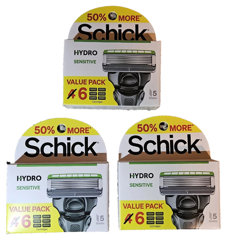 Lot Of 3 Schick Hydro Sensitive 5 Blade Refills 6 Cartridges In Each ...