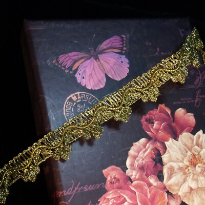 ANTIQUE gold metallic braid lace trim dainty fan shape brocade metal ...