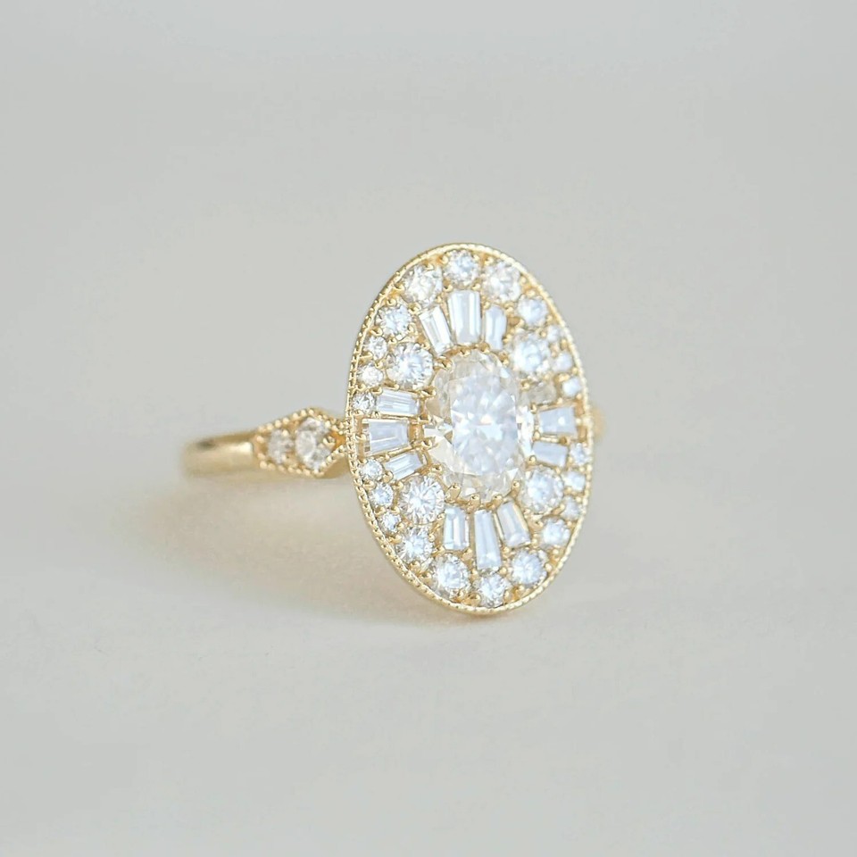 Art Deco Oval Cut Moissanite Engagement Ring 10K Gold Flower Proposal ...