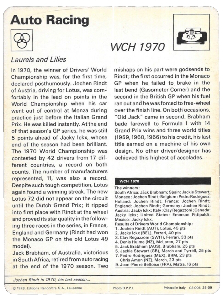 1978 Sportscaster Card Auto Racing WCH 1970 # 25-09 Photo Jochen Rindt ...