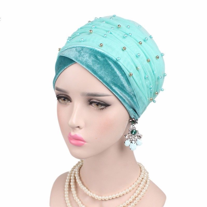 Luxury Women Gold Beaded Mesh Head Wrap Velvet India Turban Hijab Long ...