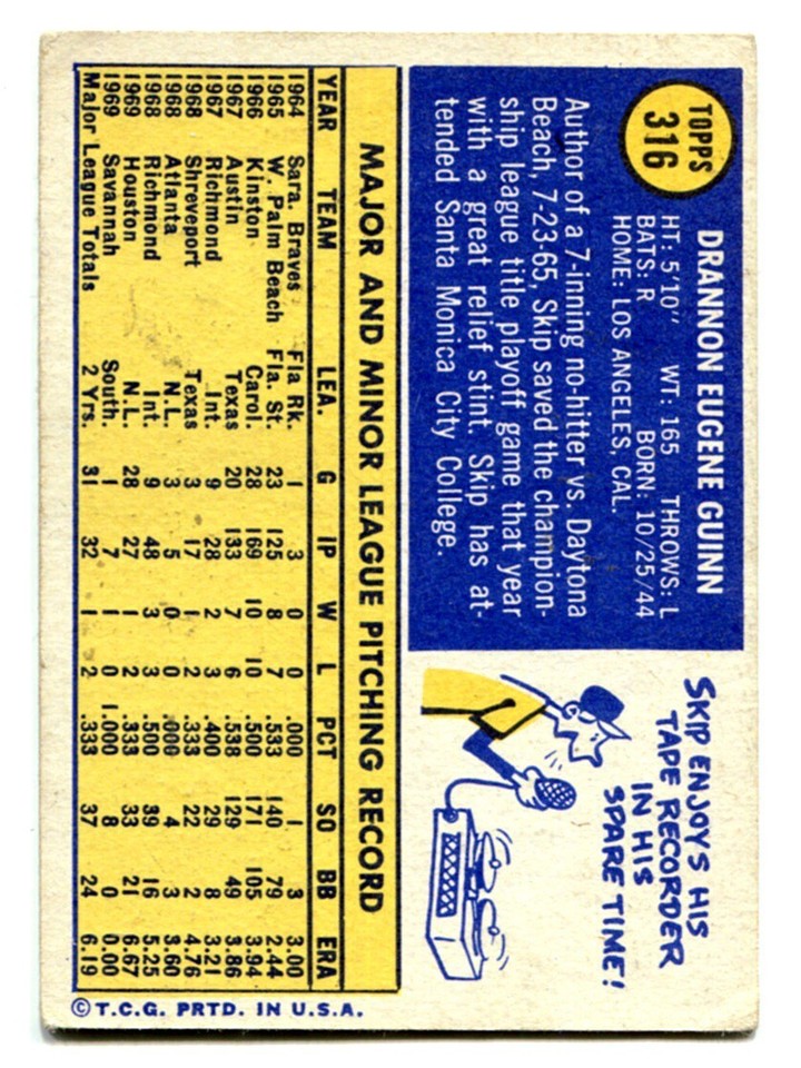 1970 Topps #316 Skip Guinn Baseball Card - Houston Astros | eBay