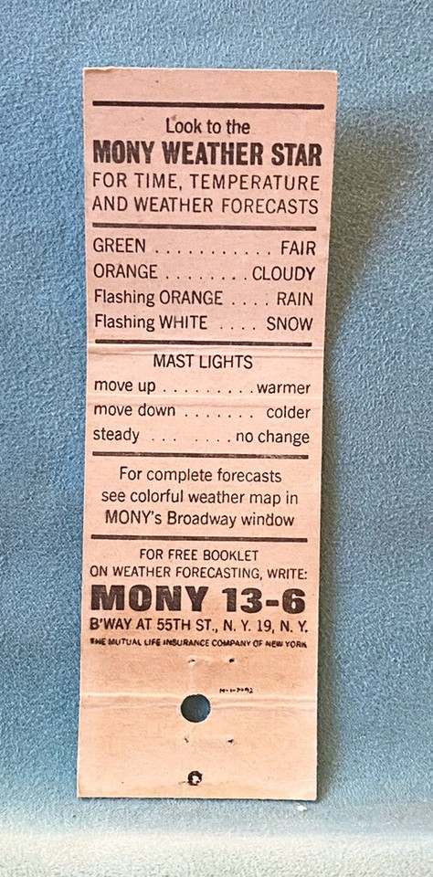 Matchbook Cover Mony Weather Star Mutual Of New York Insurance | eBay
