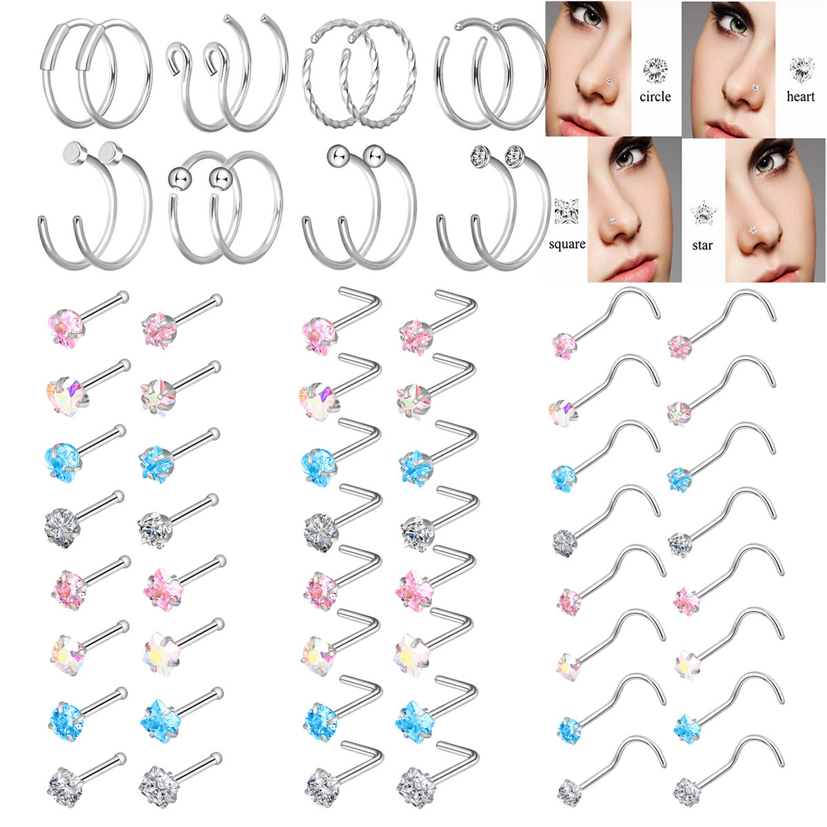 16-32Pcs 20G Nose Rings Screw L Bend Bone Studs Kit Heart/Round/Star ...