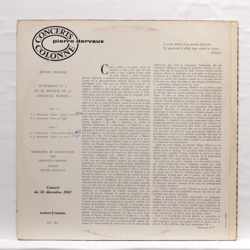 PIERRE DERVAUX – DVORAK new world symphony DUCRETET LP EX+ | eBay