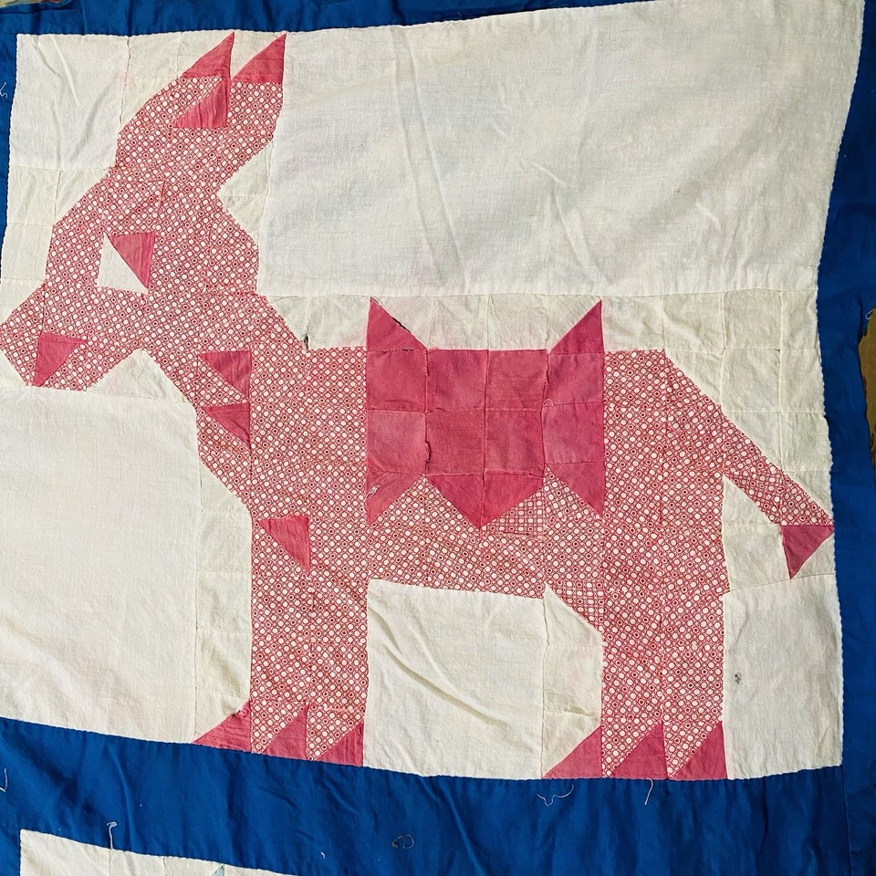 Vintage Unfinished DONKEY Giddap Quilt Top DAMAGED 80x75 Hand Stitched ...