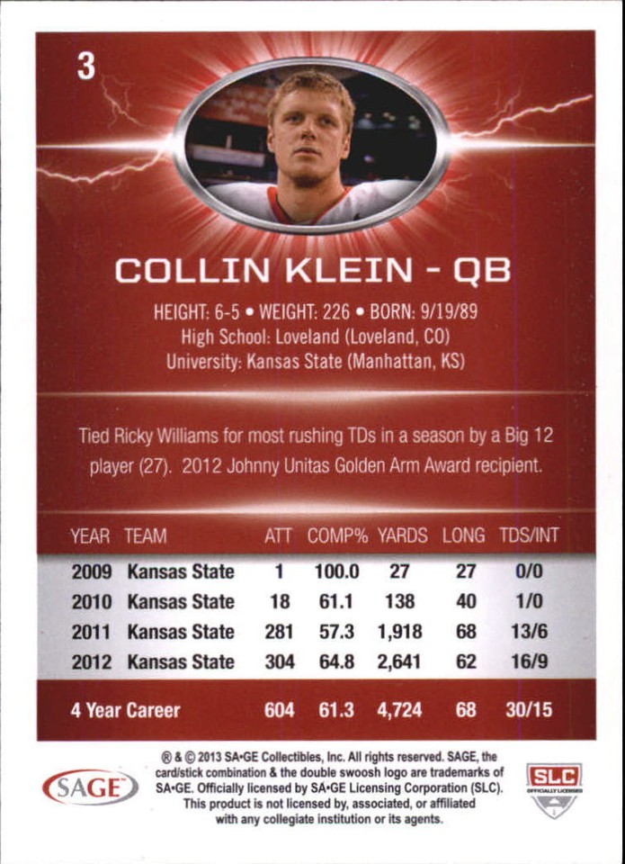 2013 SAGE HIT Red #3 Collin Klein | eBay
