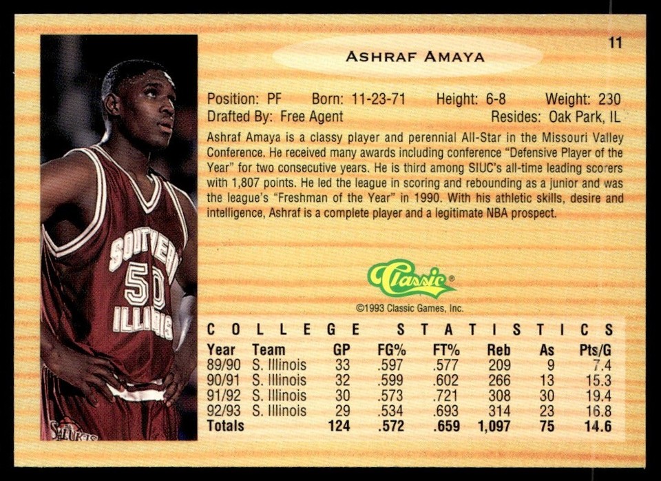 1993-94 Classic Draft Picks Ashraf Amaya Rookie Southern Illinois ...