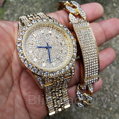 MEN'S HIP HOP GOLD PT QUAVO LAB DIAMOND WATCH & FULL ICED BRACELET ...