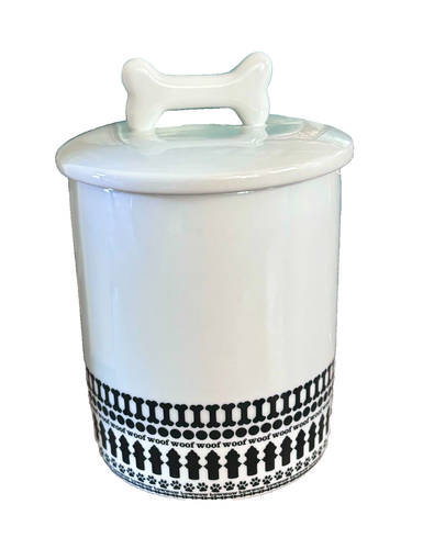 Crate & Barrel WOOF Dog Treats Cookie Jar Ceramic Dog Bone Handle 9.5 ...