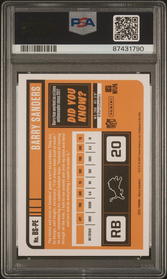 2021 PANINI CLASSICS BARRY SANDERS PERSONAL ED BARRY SANDERS PSA 8 DNA ...