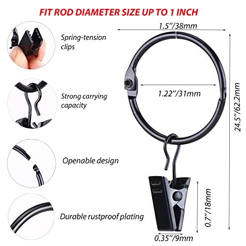 36 Pack Openable Metal Curtain Rings With Clips Fits Up To 1 Inch Rod ...