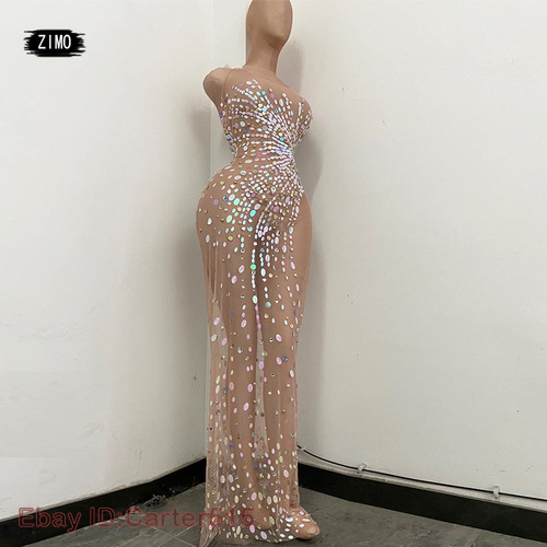 Women Sequined mesh see-through long dress ladies party club sexy ...