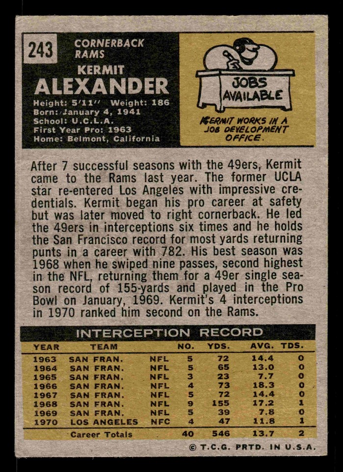 1971 Topps #243 Kermit Alexander - Los Angeles Rams (Low Grade) | eBay