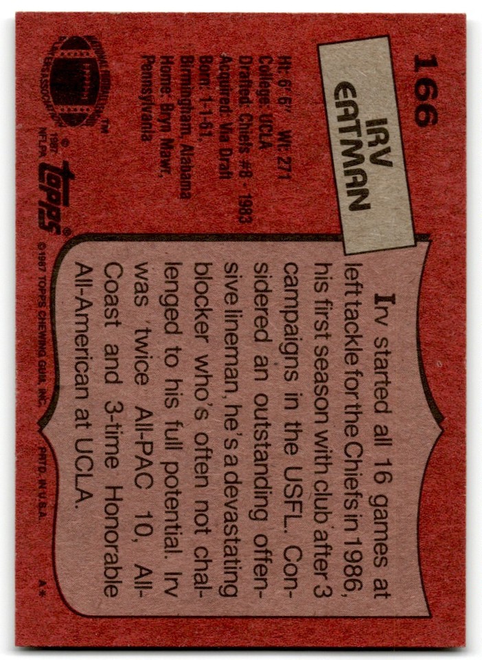 1987 Topps Irv Eatman Rookie Kansas City Chiefs #166 | eBay