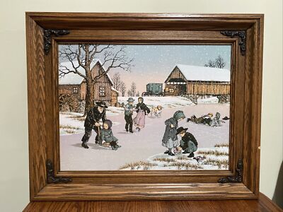 Framed C. Carson Oil Painting Print Country Amish Ice Skating Winter ...