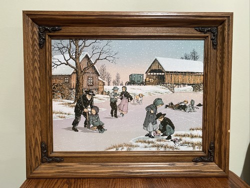 Framed C. Carson Oil Painting Print Country Amish Ice Skating Winter ...