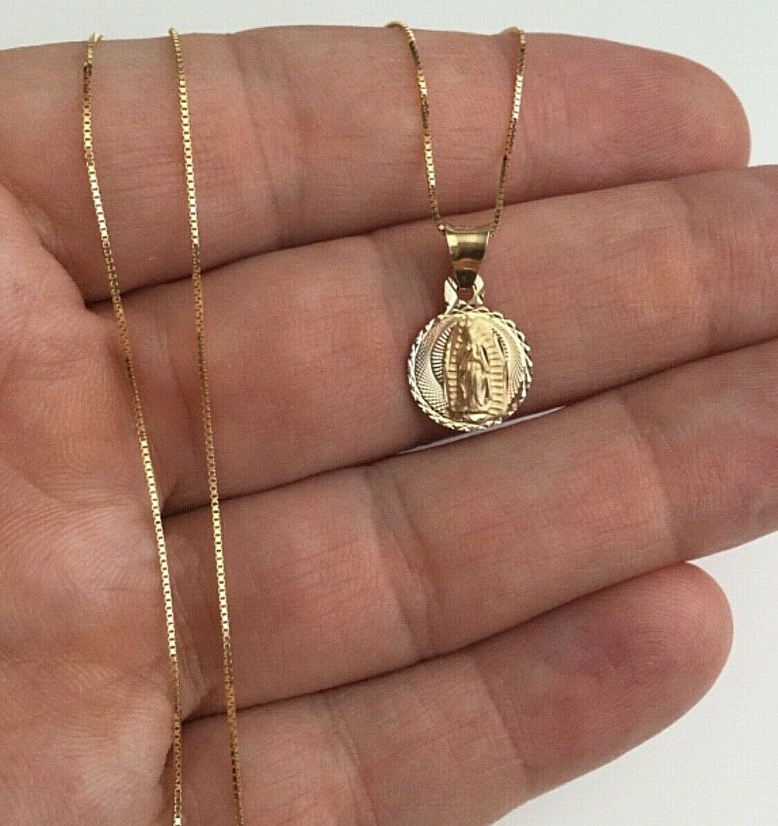 14K Solid Gold Virgen Guadalupe Mary Pendant Necklace 18" Box Chain ...