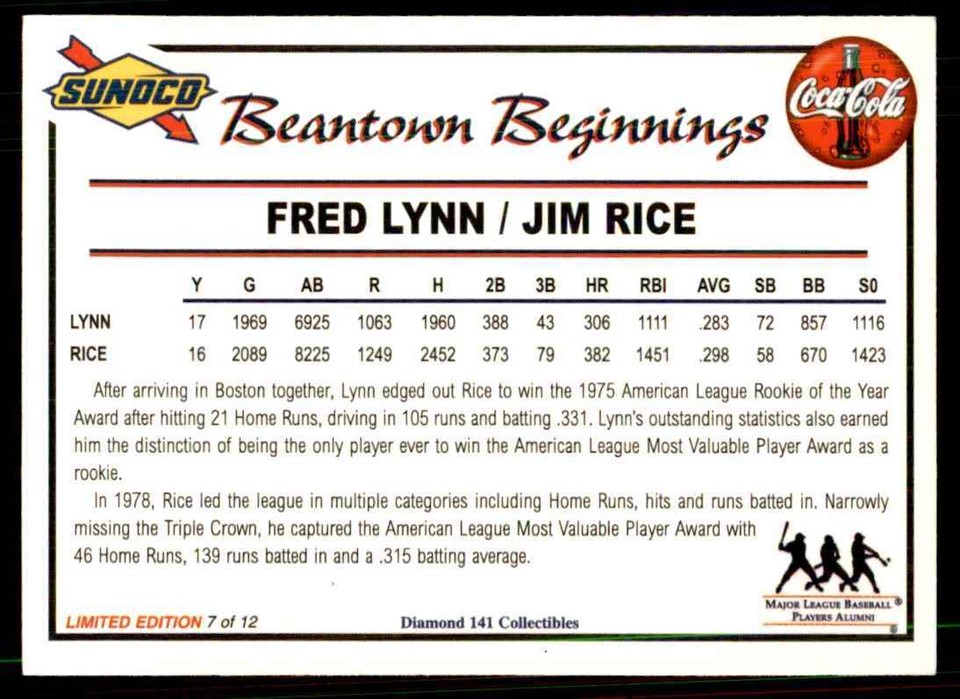 2001 Sunoco Dream Team Fred Lynn/Jim Rice 103 Baseball Cards #7 OF 12 ...