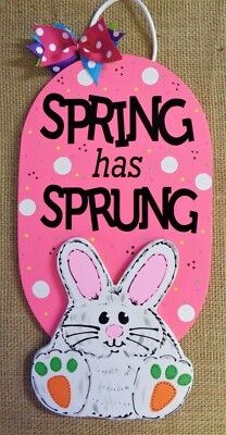 SPRING HAS SPRUNG Bunny Easter Sign Wood Plaque Hot Pink Hand Crafted ...