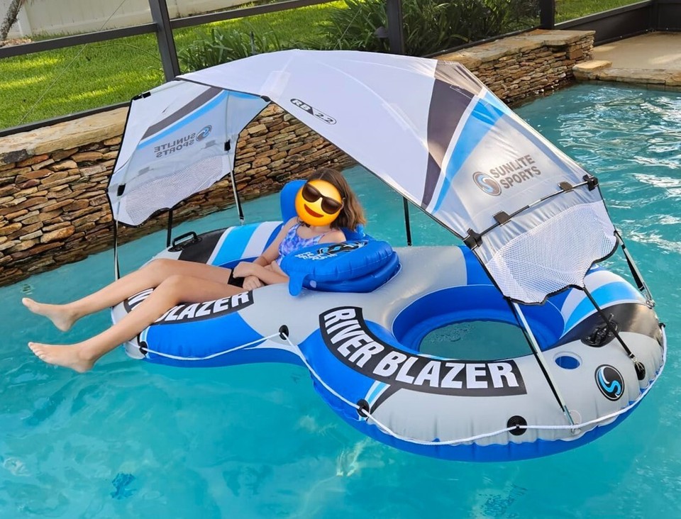 2 Person Inflatable Pool Float Party Raft with Sun Shade Canopy ...