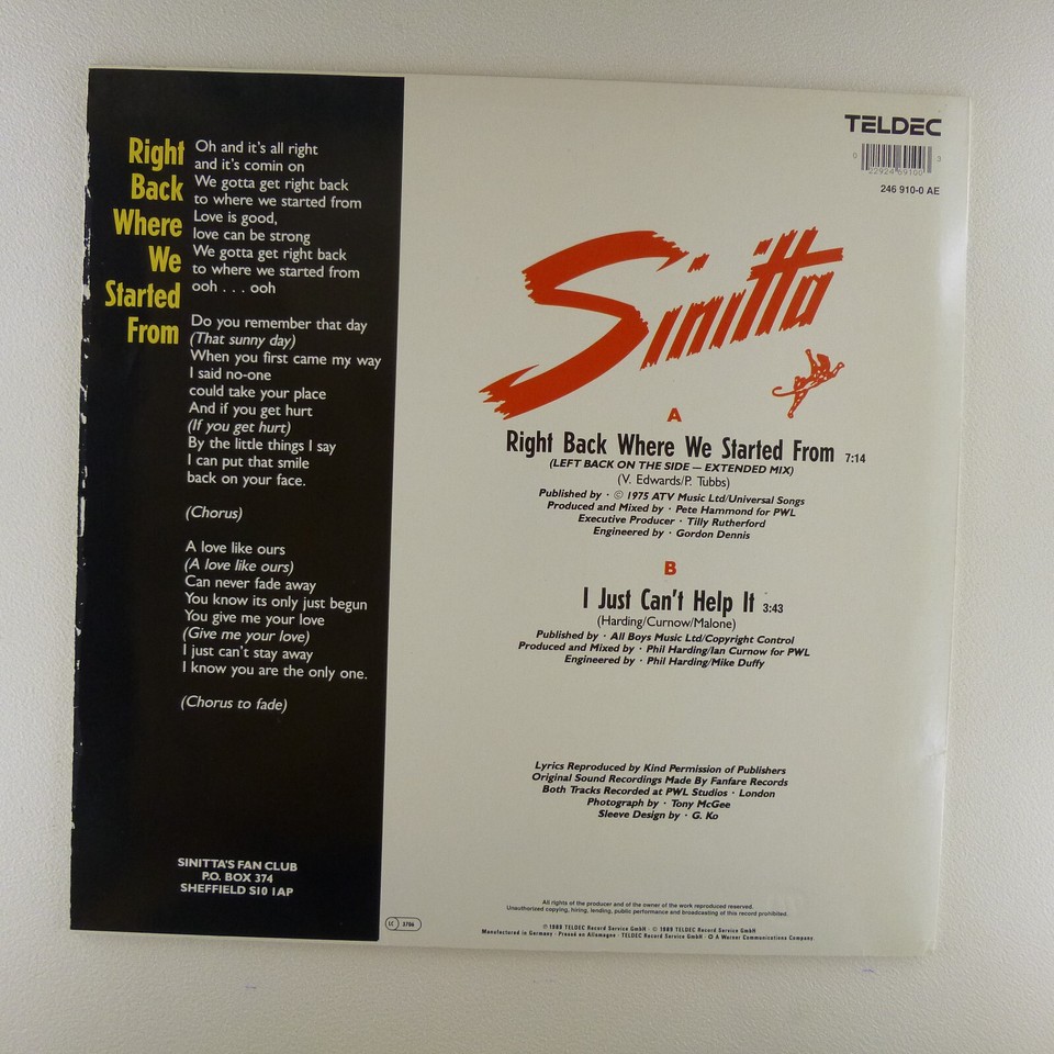 Simple Vinyle De 12" Sinitta – Right Back Where We Started From - G2673 ...