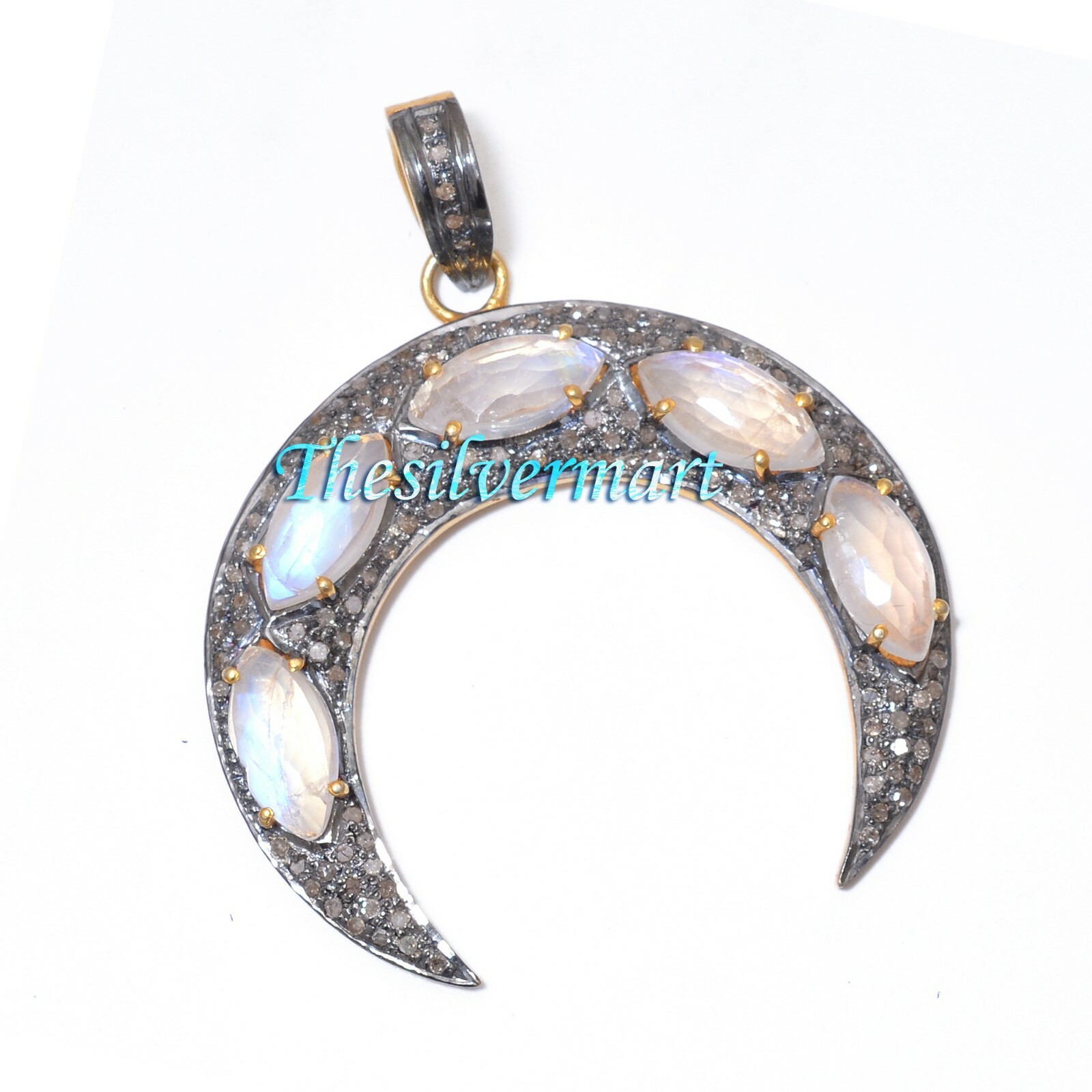 925 Sterling Silver Half Moon Rainbow Moonstone Pave Diamond Jewelry ...