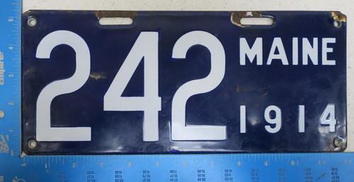 Maine Porcelain License Plate 1914 14 Tag # 242 Three Digit Low Number ...