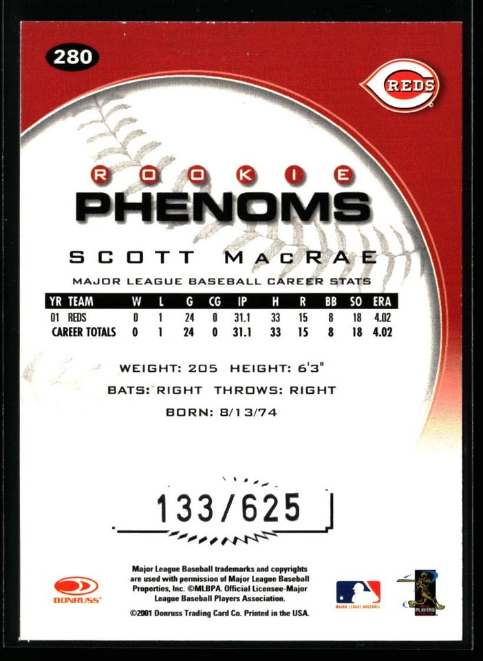 Scott MacRae 2001 Donruss Class of 2001 #280 #/625 Rookie Cincinnati ...